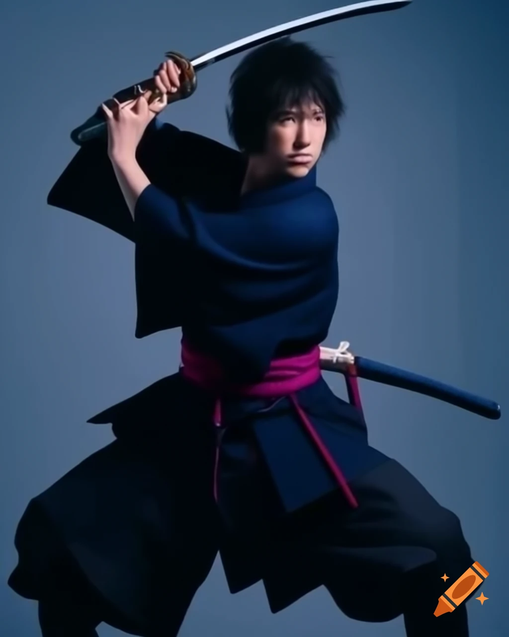 Samurai in traditional kimono striking a powerful pose with sheathed ...