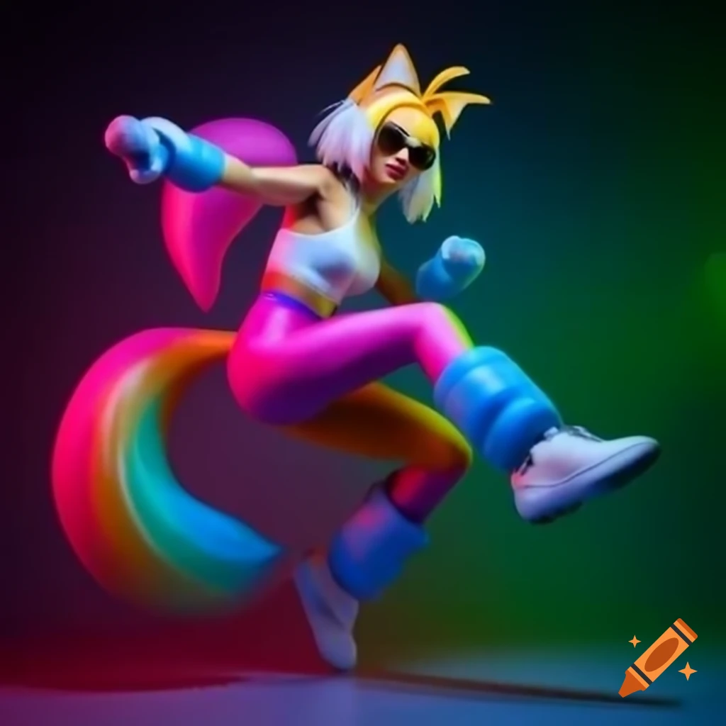 Vibrant figure in rainbow sportswear striking a dynamic pose on Craiyon