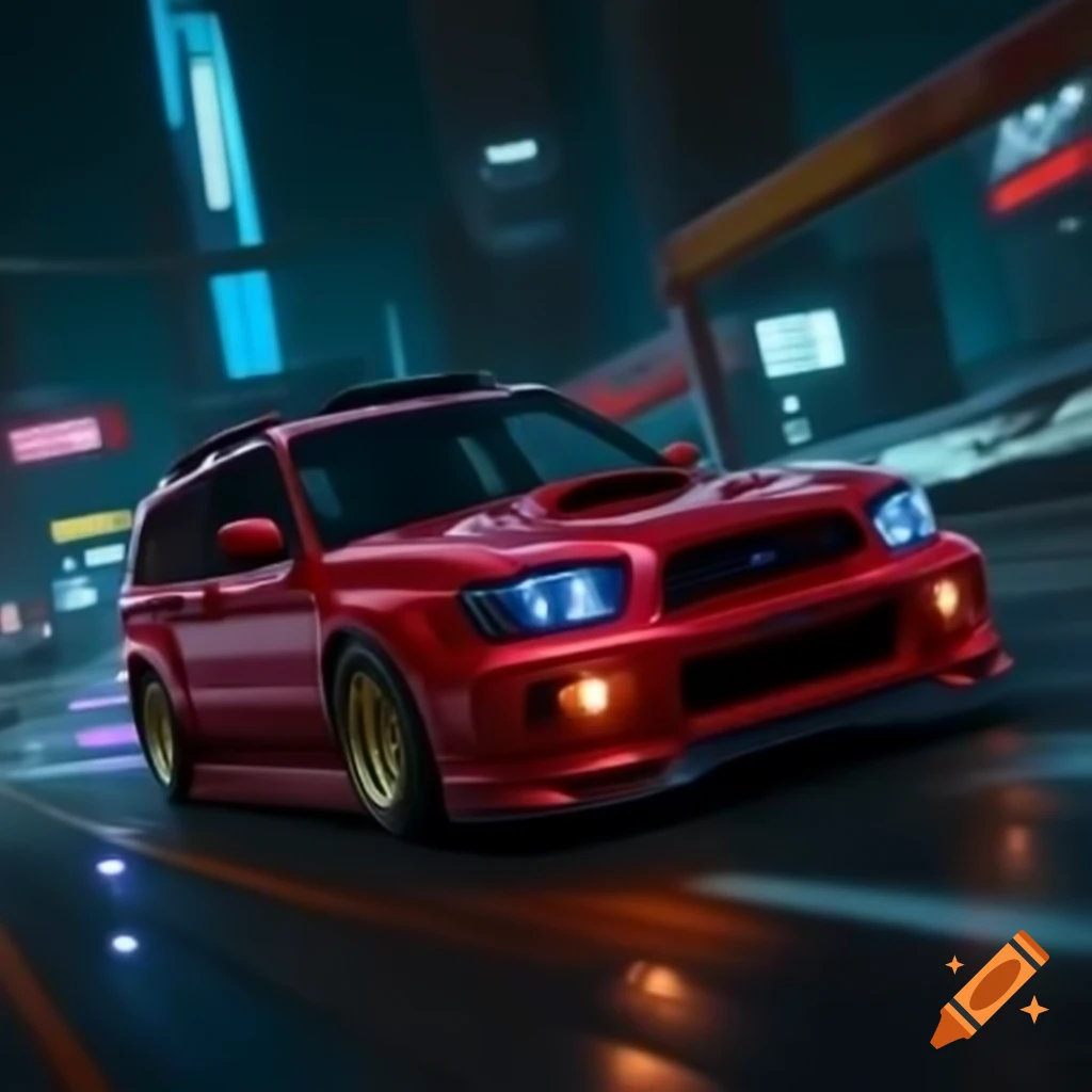 Modified red 2001 Subaru Forester racing in cyberpunk night setting on ...