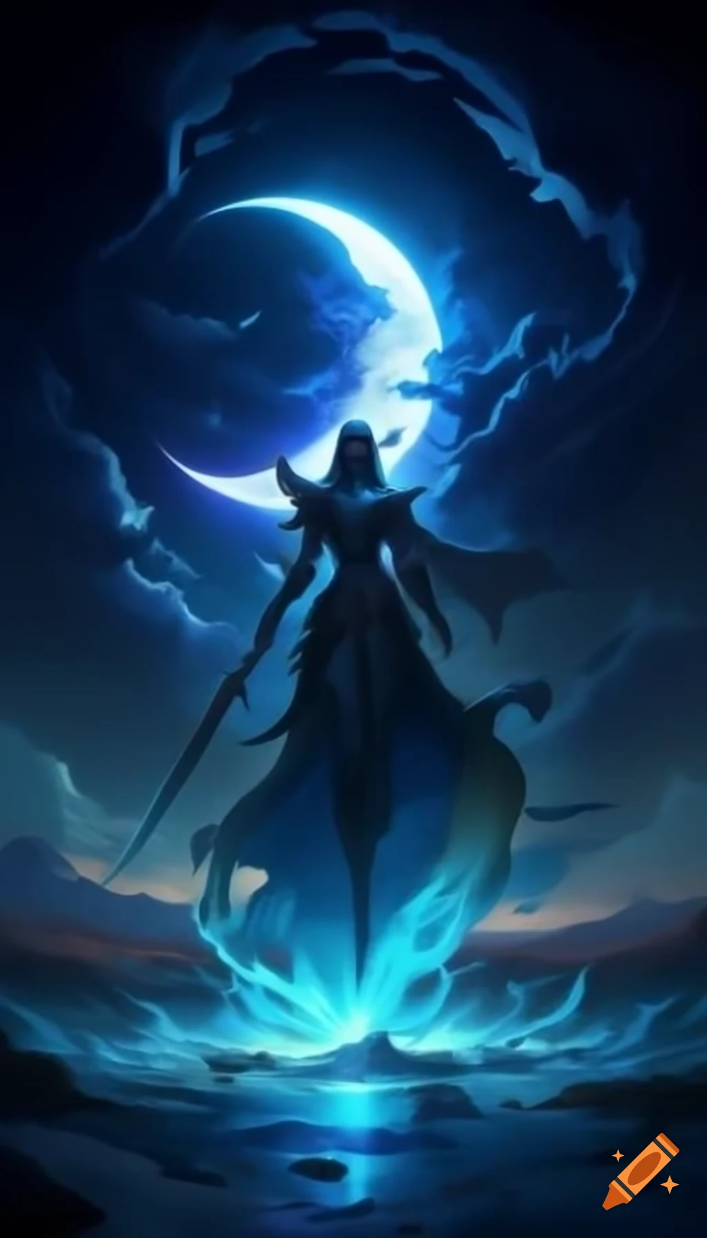 Figure shaping shimmering river into a glistening dagger under ...