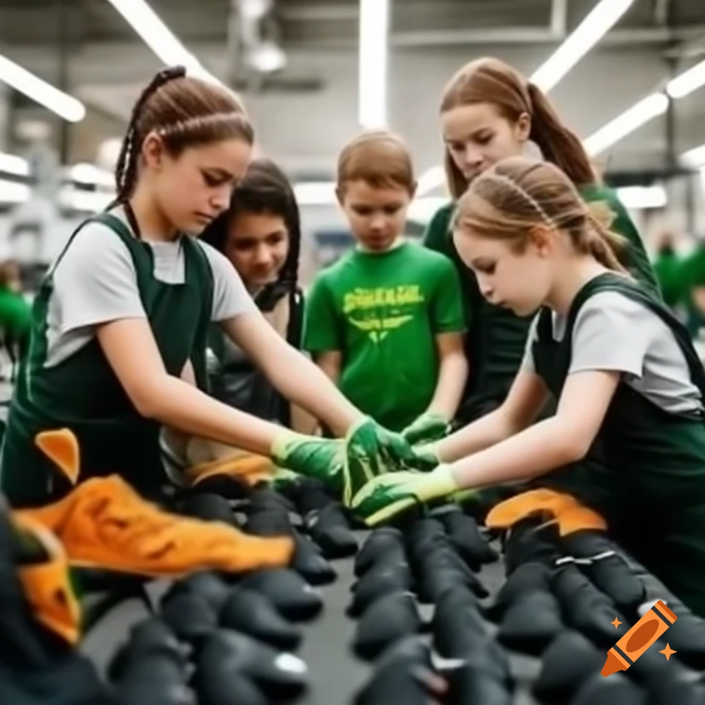 Children working in a factory making shoes wearing oregon ducks ...