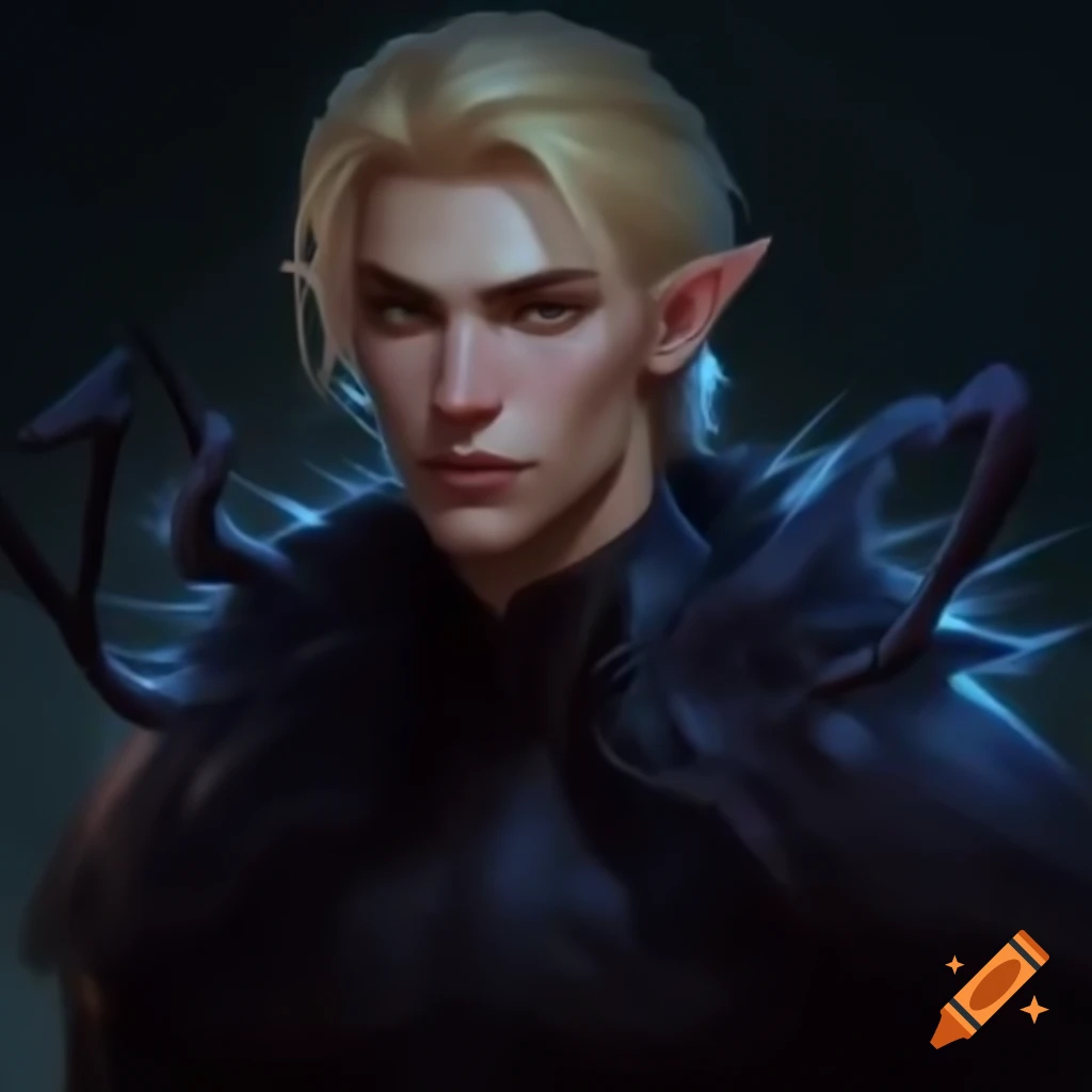 Handsome blonde male elf in dark symbiote suit with magical veil on Craiyon