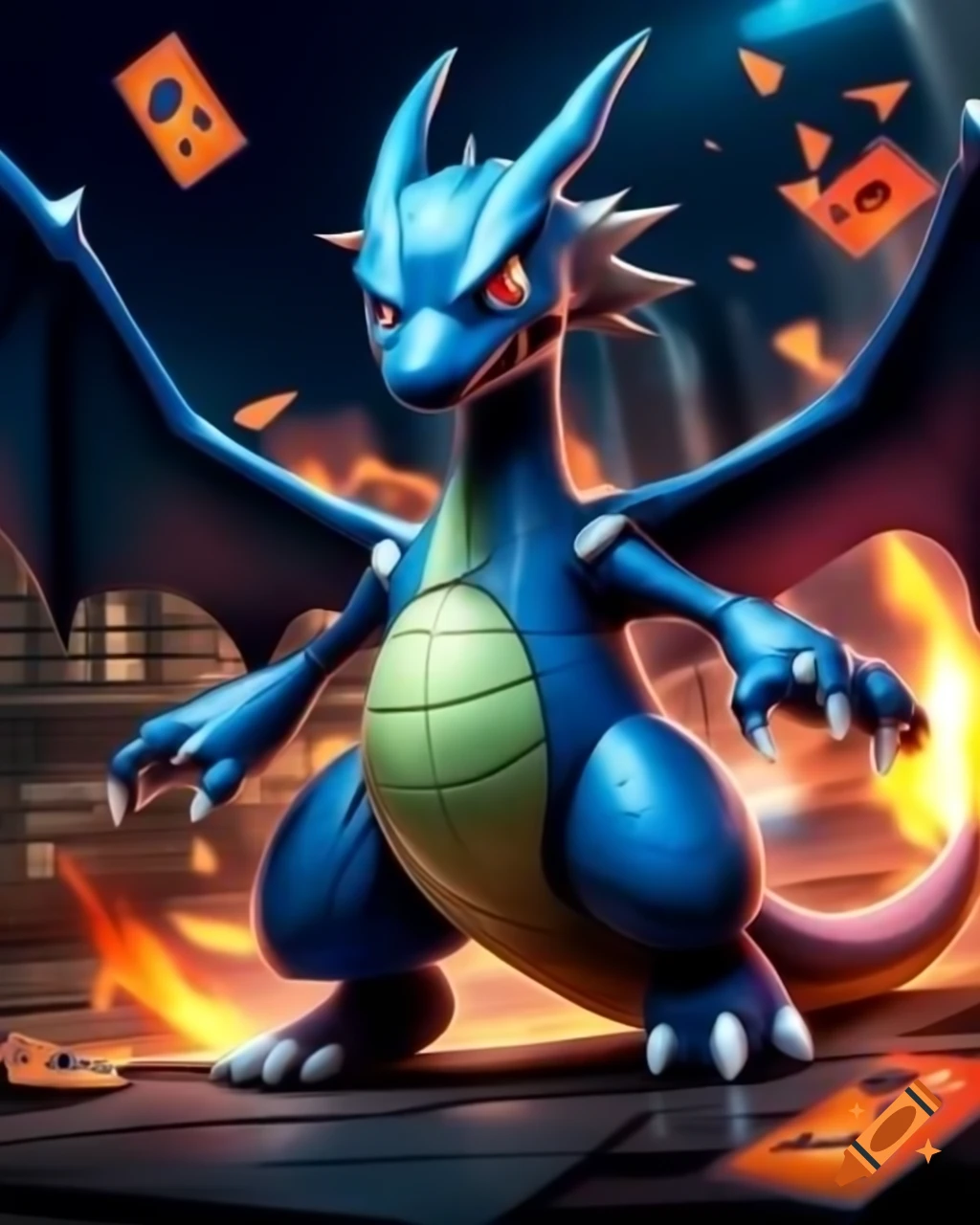 Mega Charizard X with blue scales and black flames, wearing a cape and ...