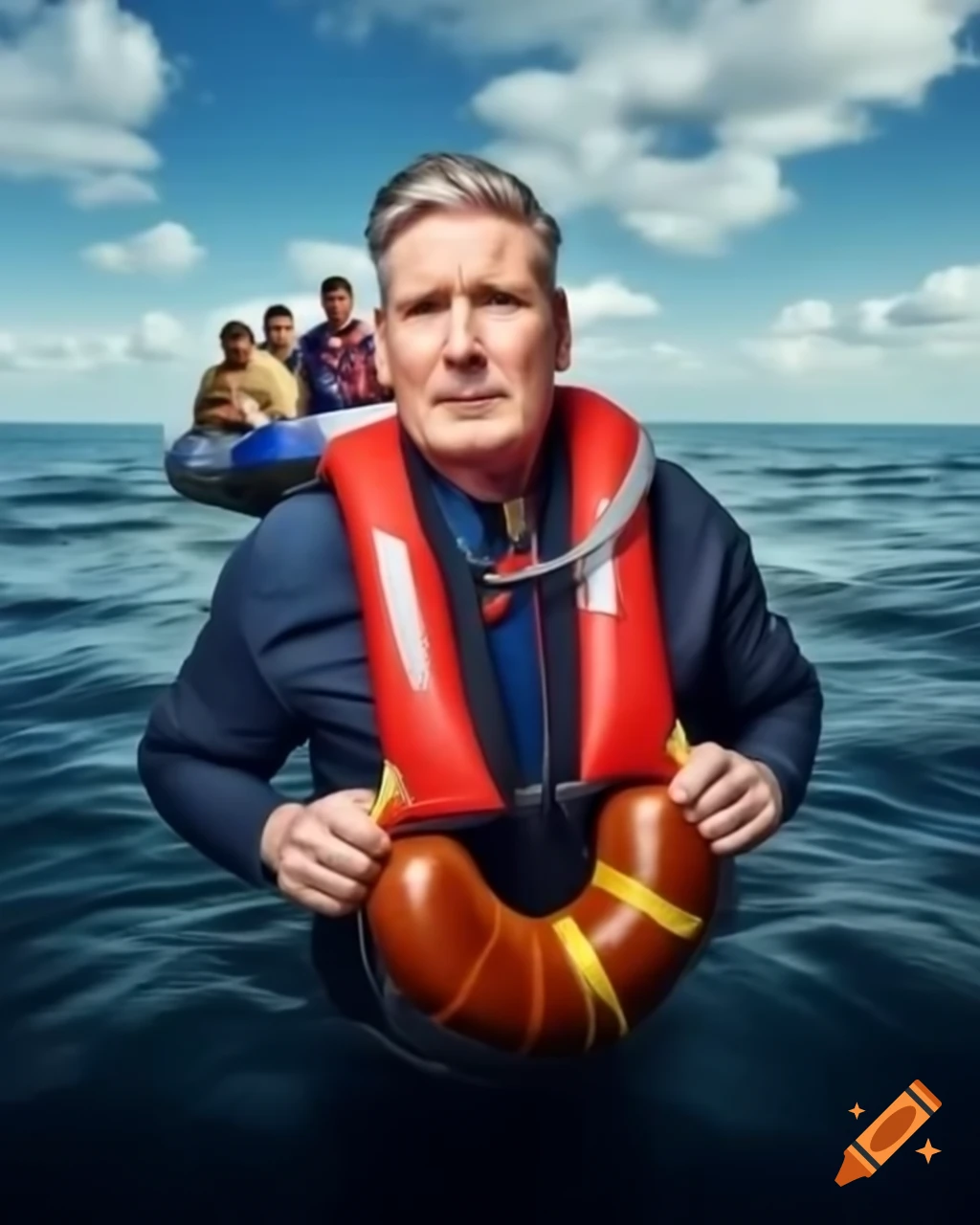 Hyperrealistic portrayal of Keir Starmer in life jacket riding ...