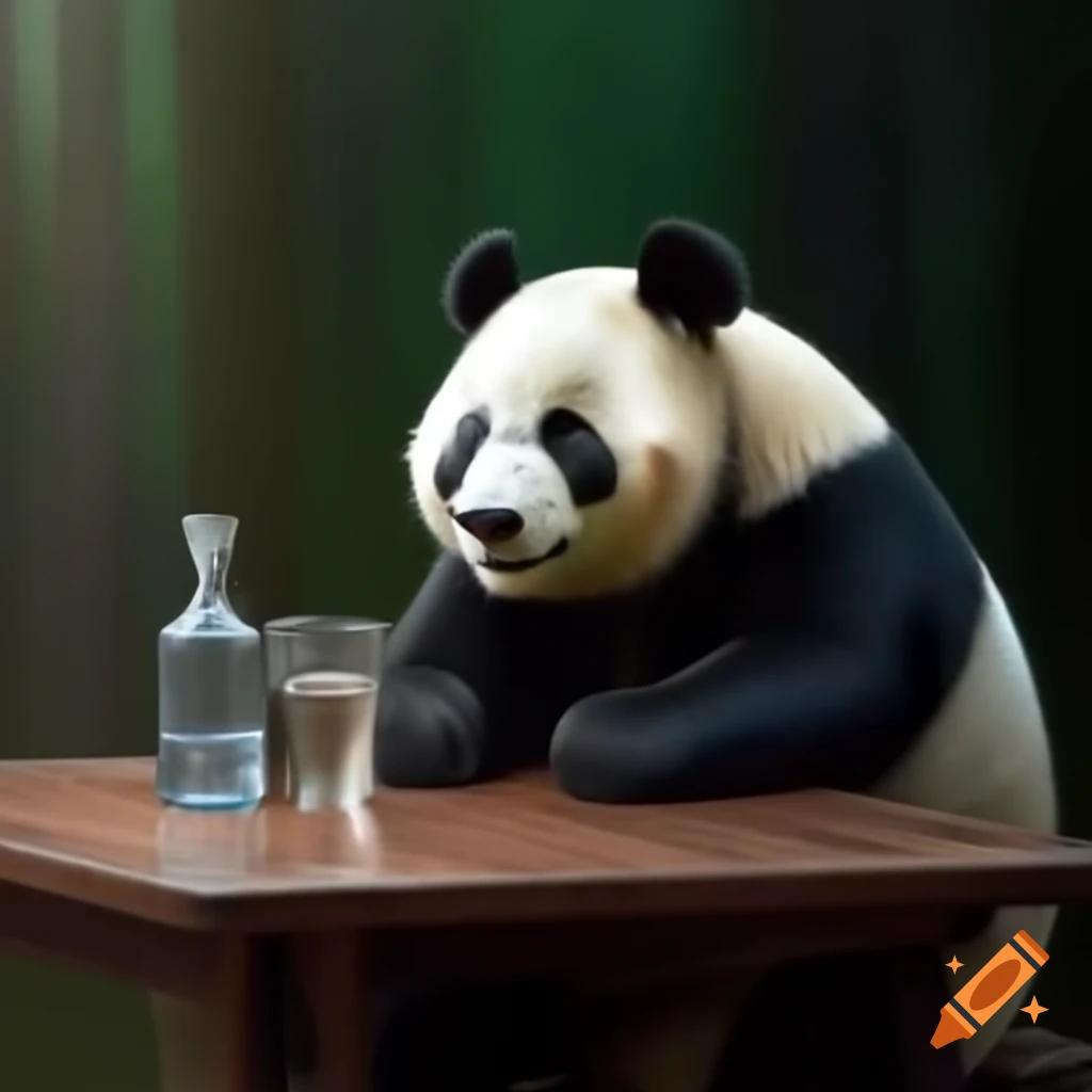 Panda bear sitting at table drinking water from glass with decanter on ...
