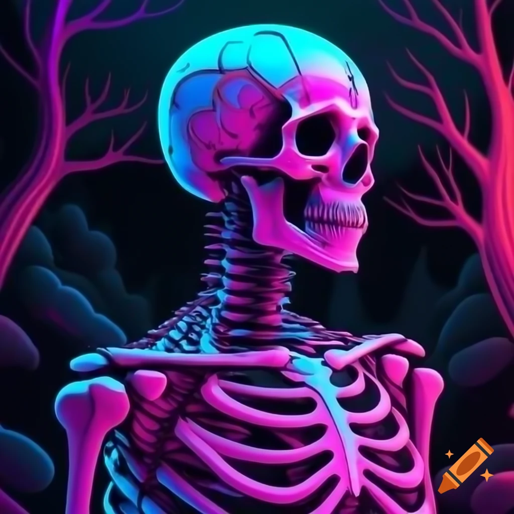 Vibrant neon skeleton glowing in ultraviolet purple tones in dark ...