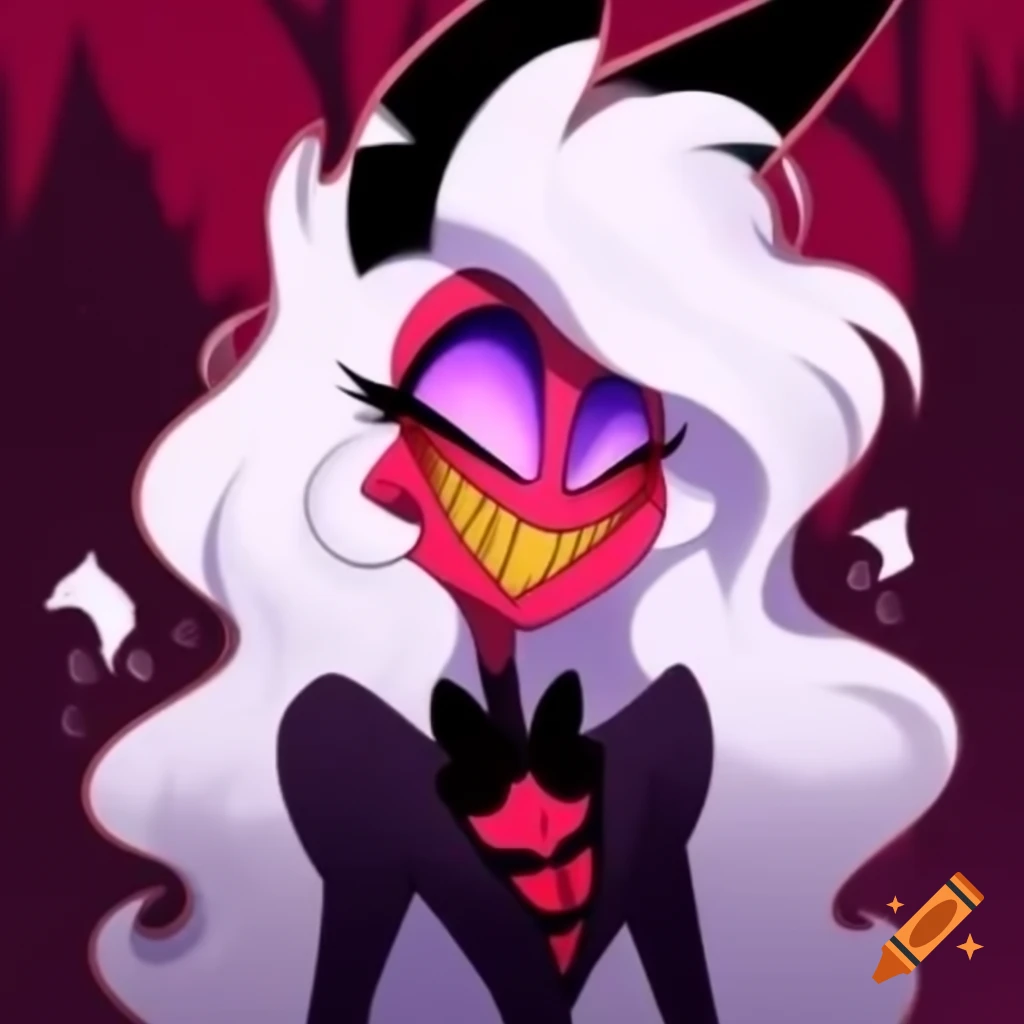 Female imp character with red skin, white wavy hair, and vampire bite ...