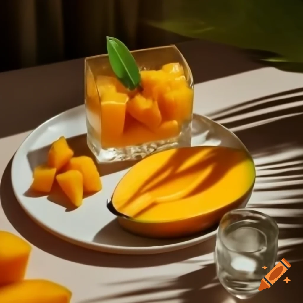 Fresh mango cubes with ice and popsicle in sunlight, summer setup on ...