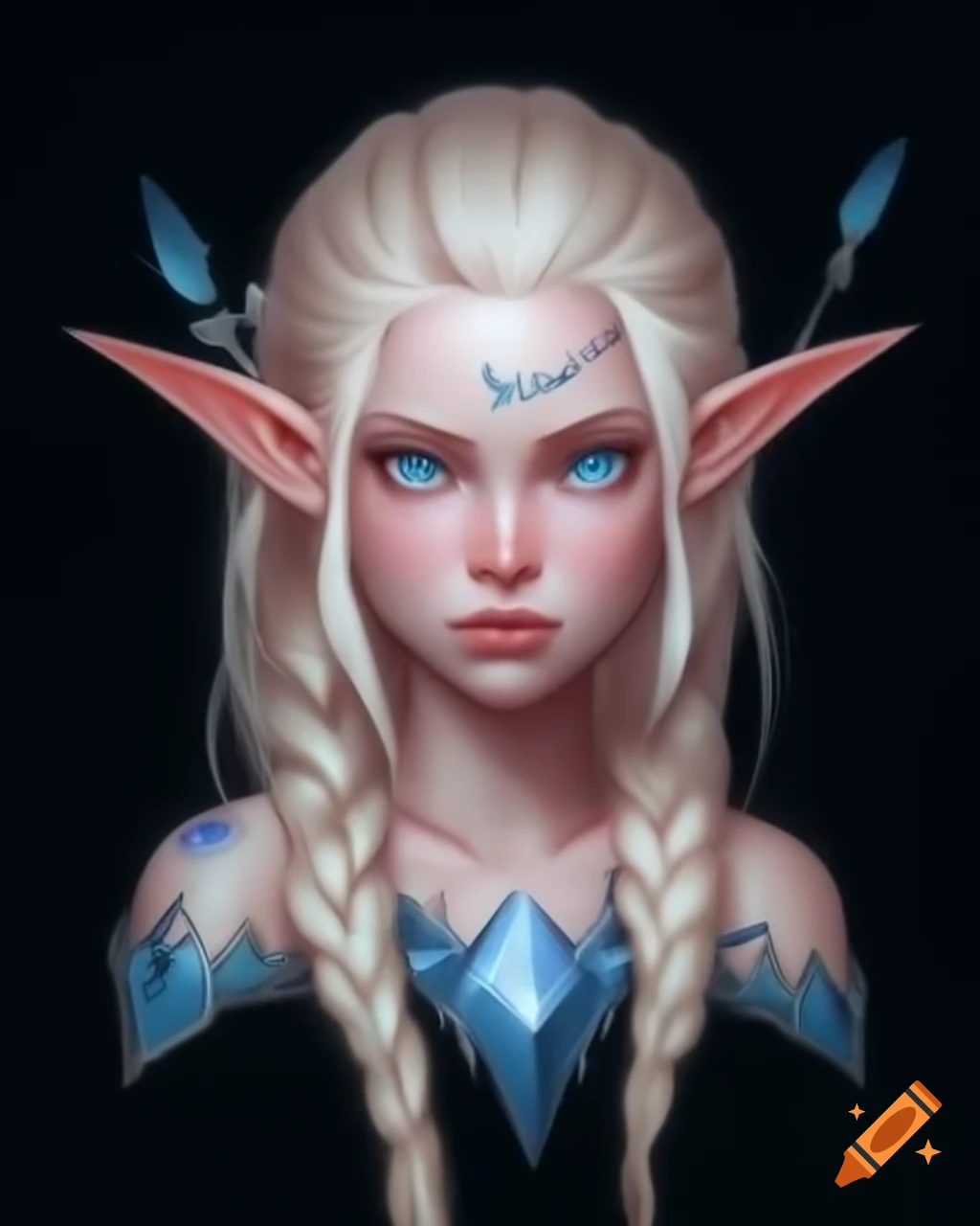 Young female elf with tanned skin and blue eyes, crystals emerging from ...