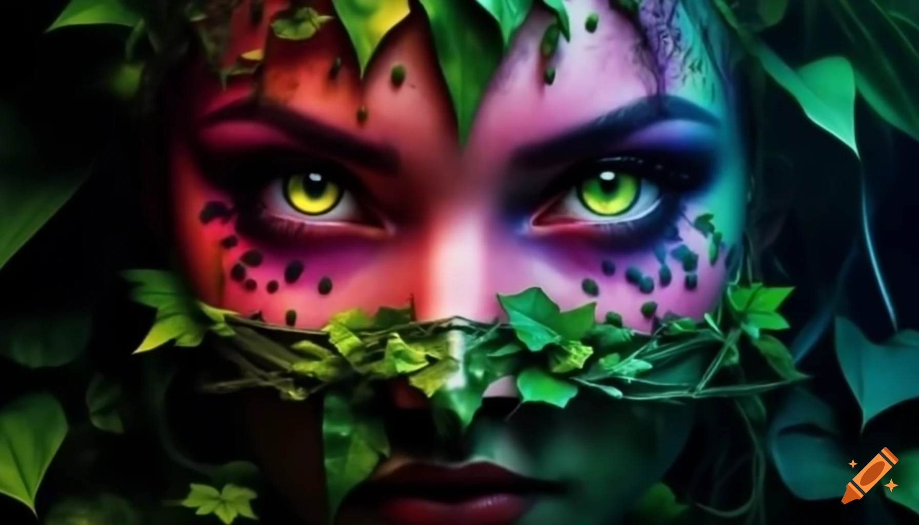 Hyperrealistic digital art of poison ivy with neon glow eye from batman ...