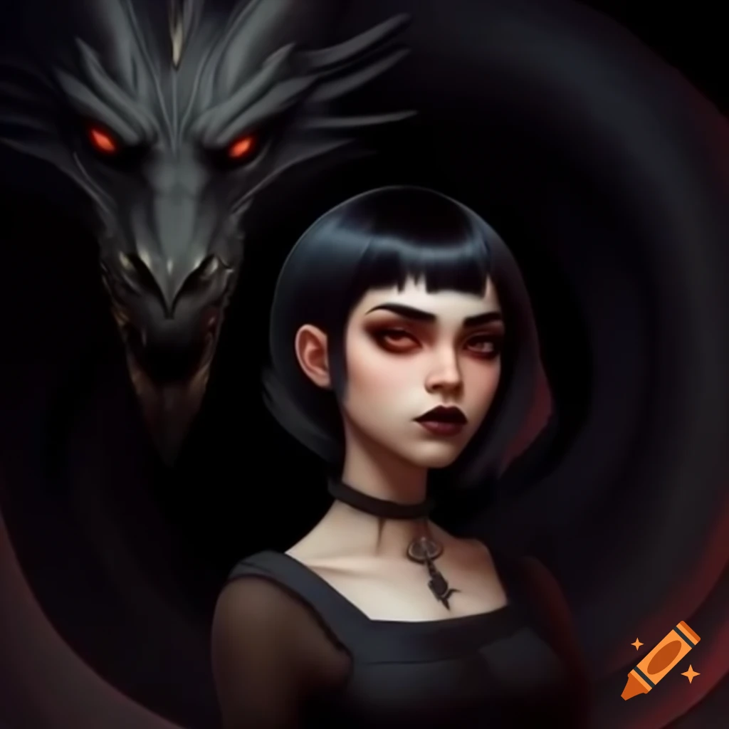 Young goth Hispanic woman with mullet haircut and shadow dragon on Craiyon