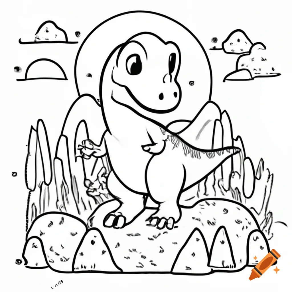 Friendly smiling t-rex waving with trees and rocks in sunny background ...