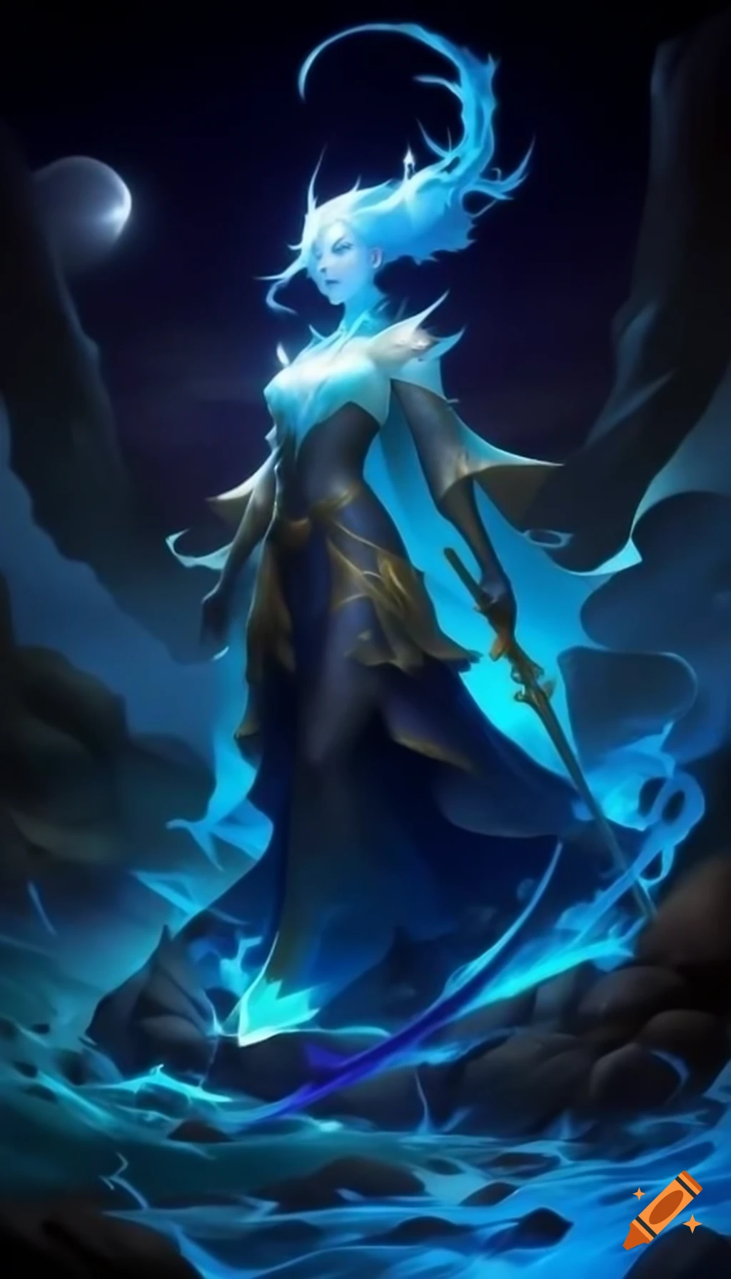 Figure shaping shimmering river into a glistening dagger under ...