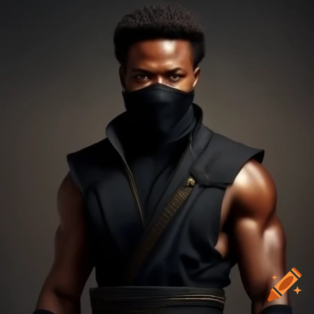 African American ninja in black sleeveless outfit with gold accents on ...