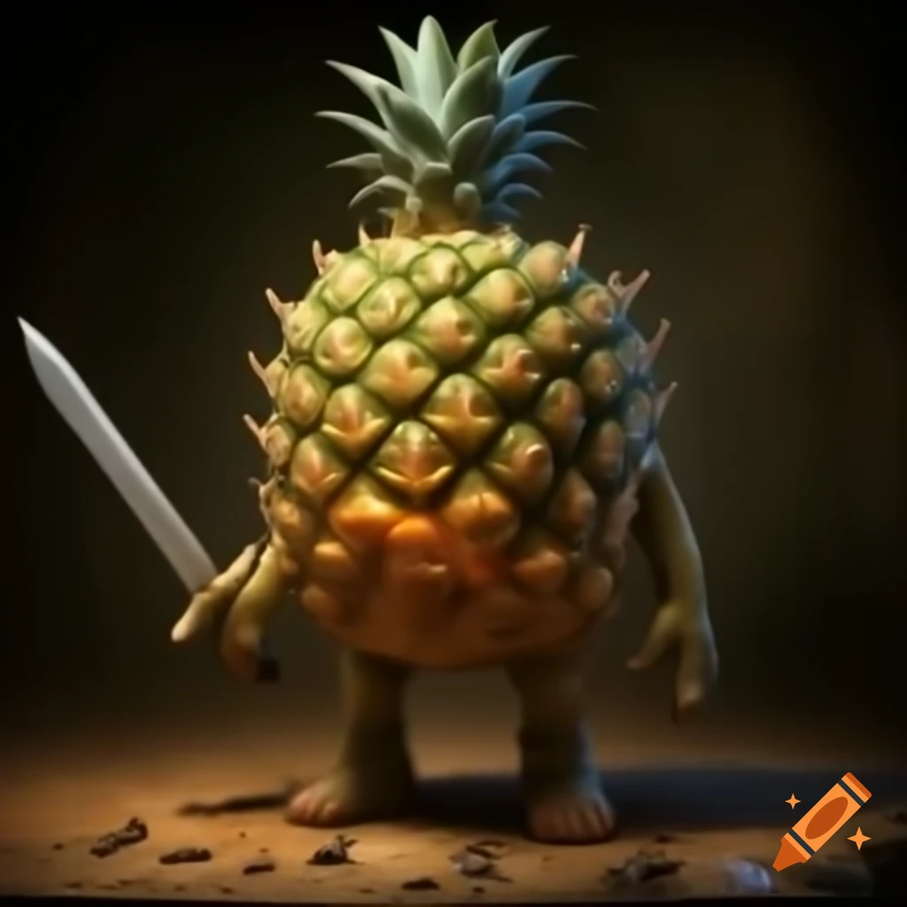 Giant pineapple man holding a longsword, featuring a faceless design on Craiyon