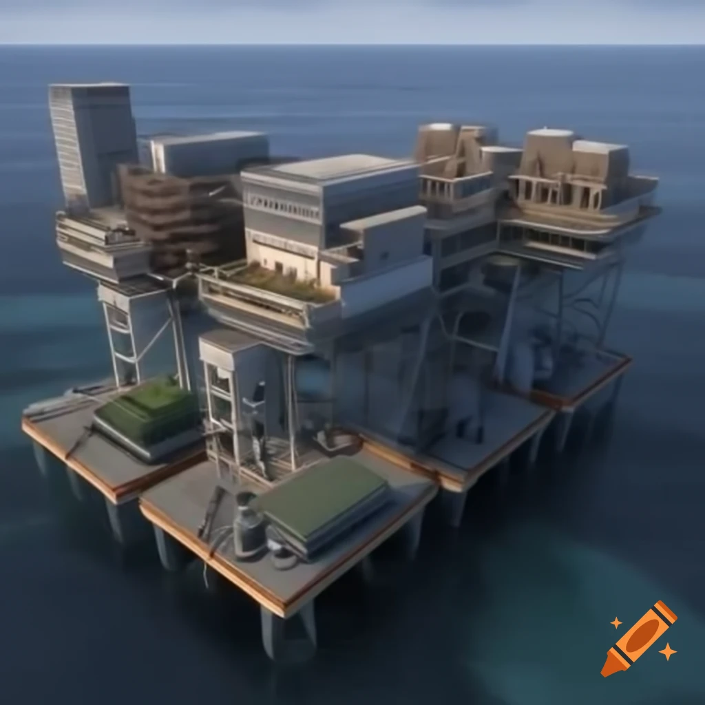 Realistic ocean city on steel platforms with concrete piles and ...