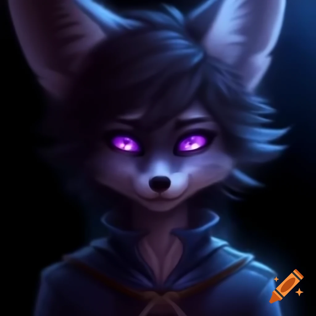 Close-up of sorrowful anthro fennec fox boy with foggy purple eyes ...