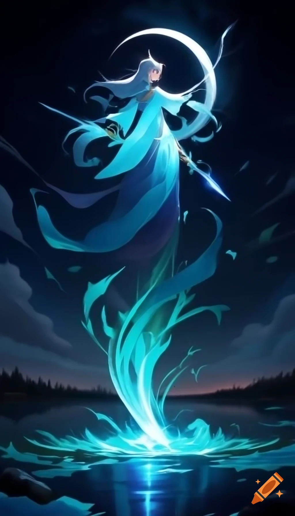 Figure shaping shimmering river into a glistening dagger under ...