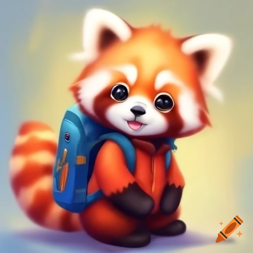 Anime red panda with backpack cheerfully waddling to school on Craiyon