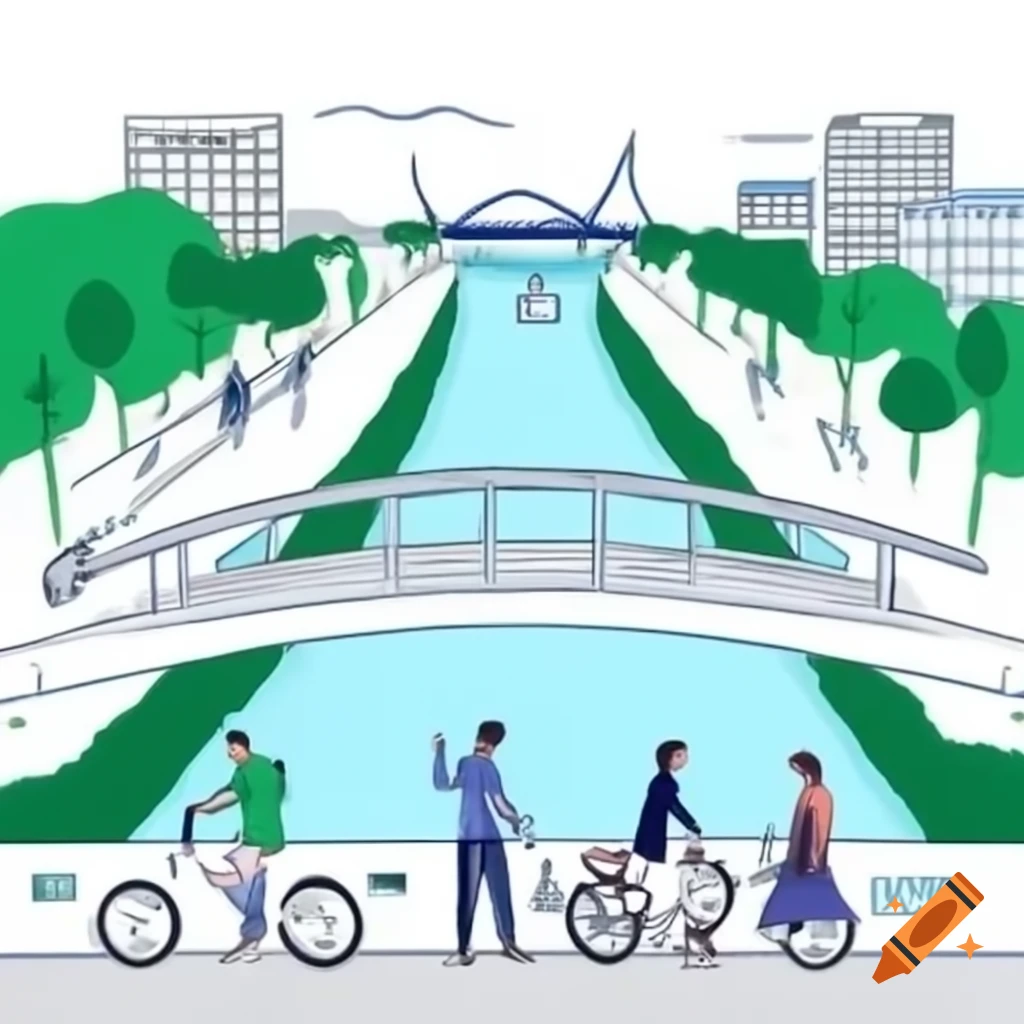 Canal with parallel bridges for vehicles and pedestrians, flanked by ...