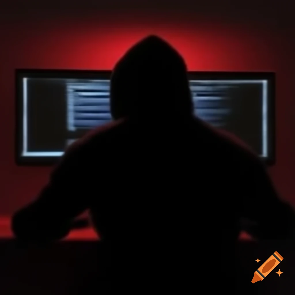 Person in black hoodie behind computer screen in dark room with red ...