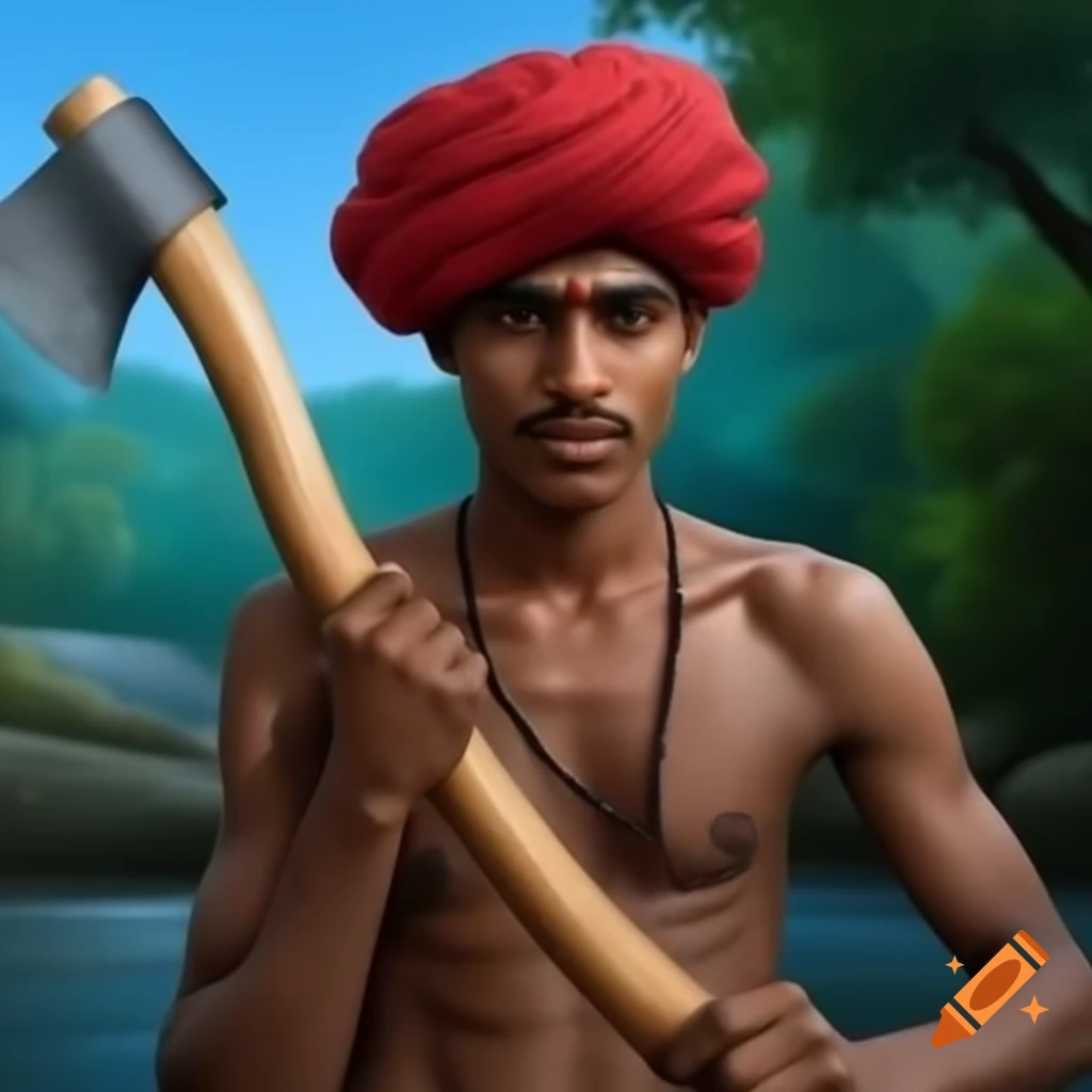 Indian woodcutter in dense forest with muscular build and red headwear ...