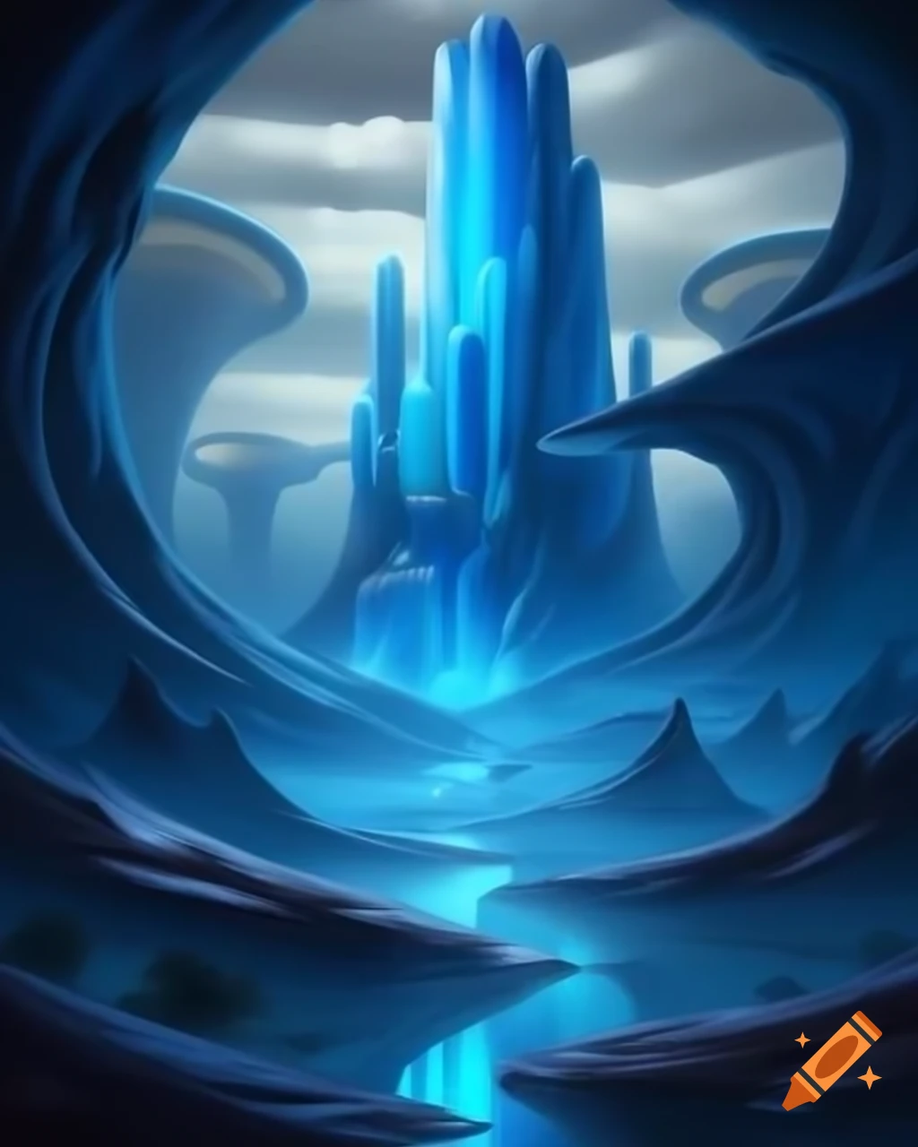 Surreal alien landscape with blue crystal structures and undulating ...