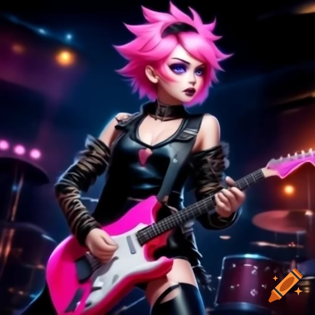 Anime illustration of female punk rocker with pink hair playing ...