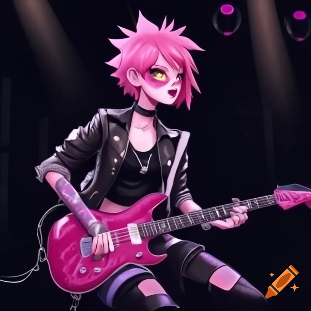Anime style illustration of female punk rocker with pink hair playing ...