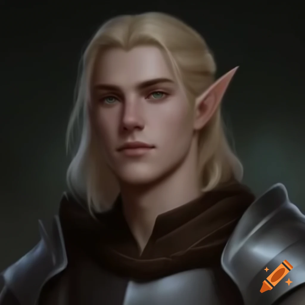Young male elf knight in plate armor with light blond hair on Craiyon