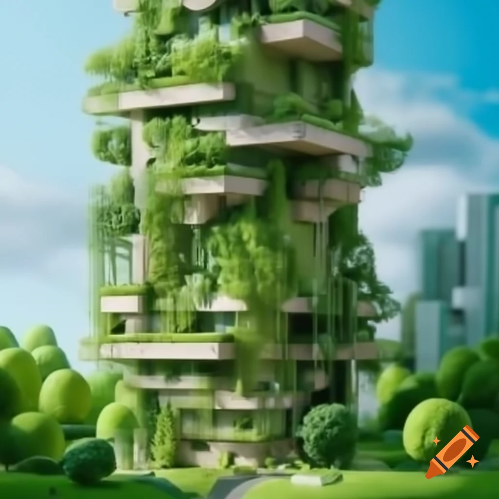 Realistic eco-friendly green building tower on Craiyon