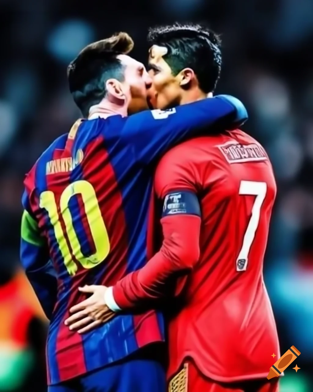 Lionel messi and cristiano ronaldo sharing a kiss on Craiyon