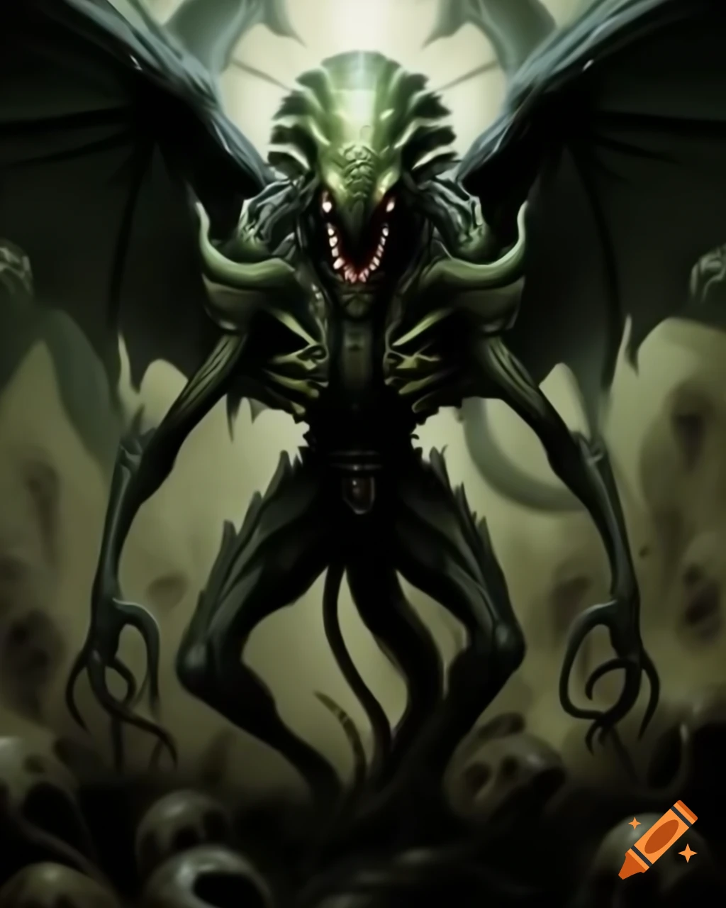 Winged xenomorph demon with angelic aura and green runes in hell ...