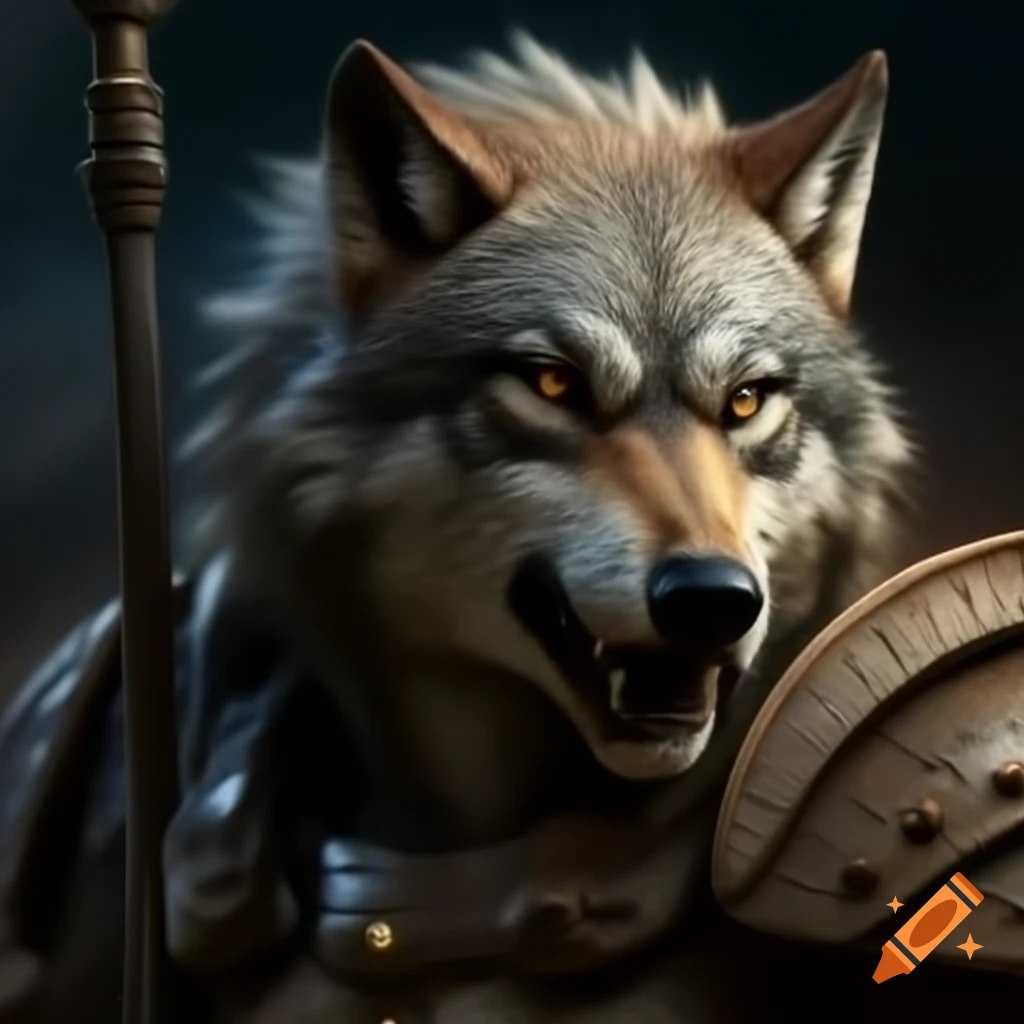 Black wolf in Spartan armor with shield displaying initials BLW on Craiyon