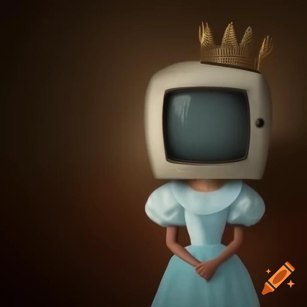 European queen character with television head, surreal art on Craiyon