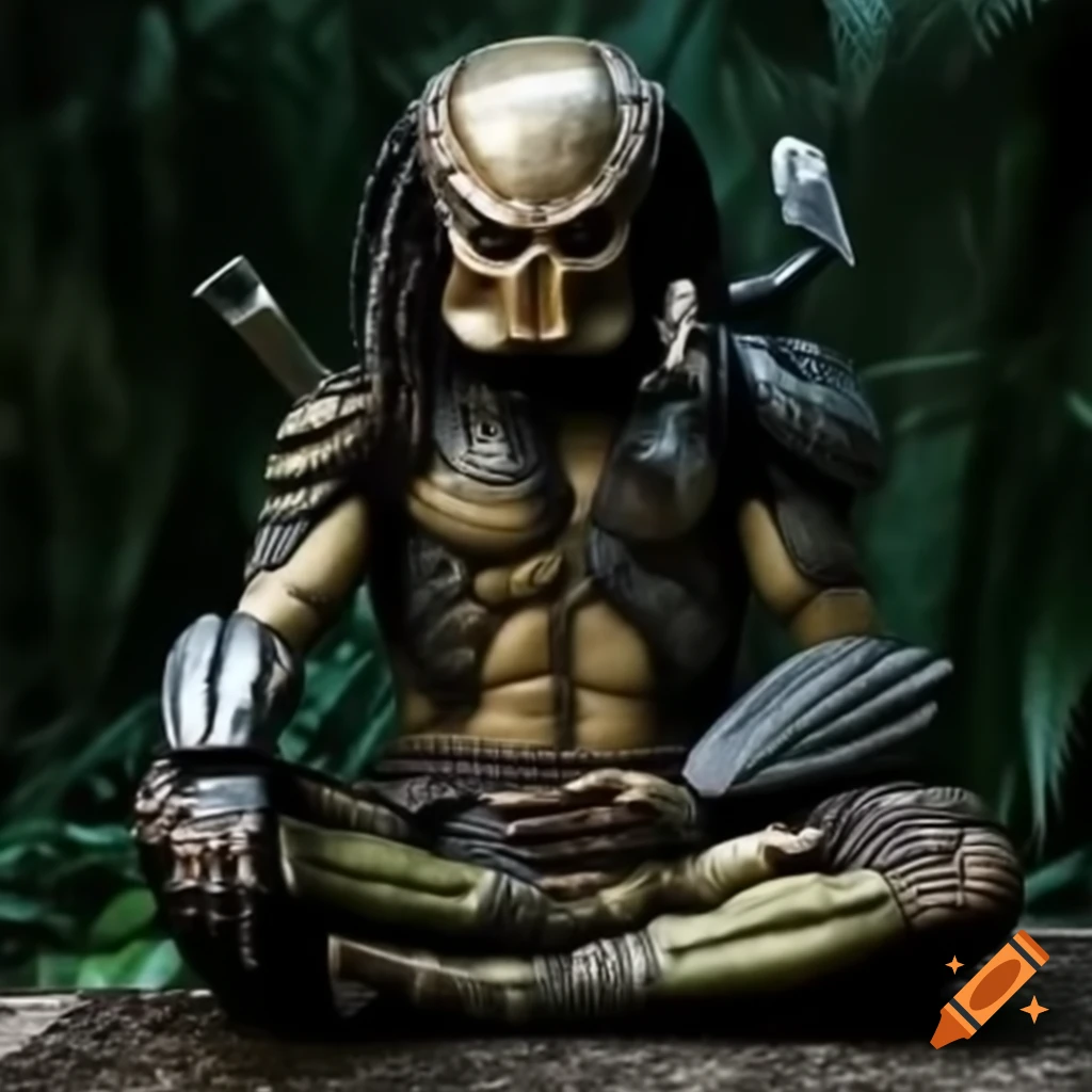 Predator character seated in a Buddha-like pose, mask obscuring face on ...