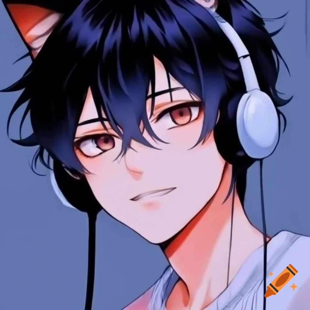 Anime male character wearing cat ear headset on Craiyon