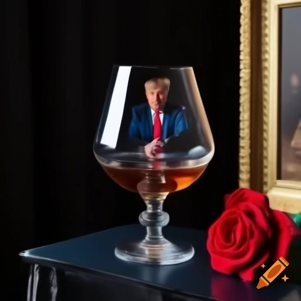 1970s style portrait of brandy snifter with donald trump inside, framed ...
