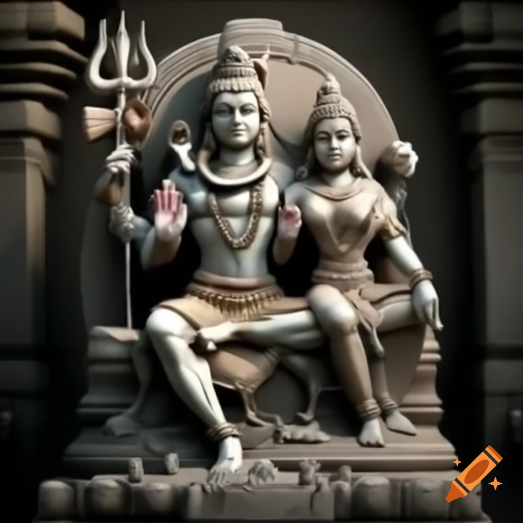 Statue of Lord Shiva in human form alongside goddess Parvati in stone ...