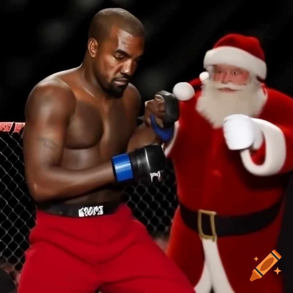 Fictional scene of kanye and santa in a humorous conflict on Craiyon
