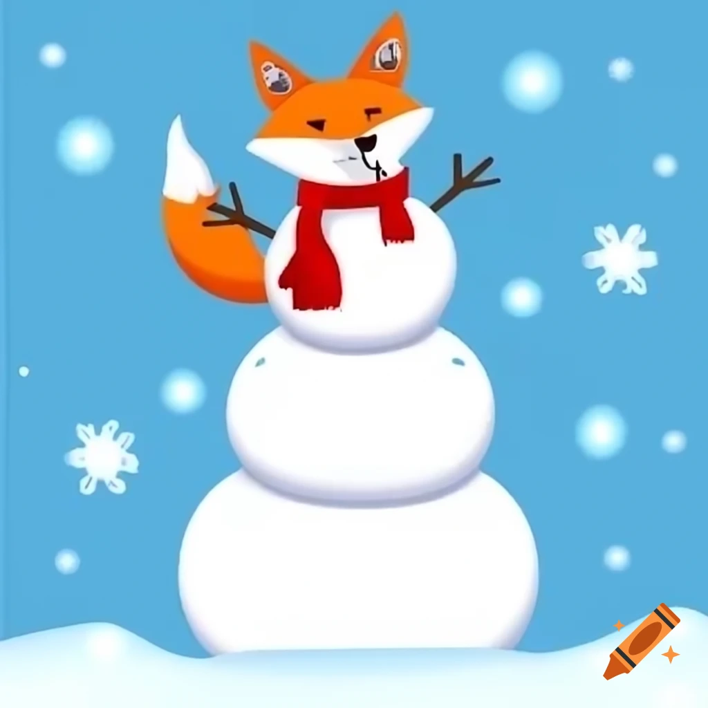 Cheerful fox sitting on a snowman in a snowy landscape on Craiyon