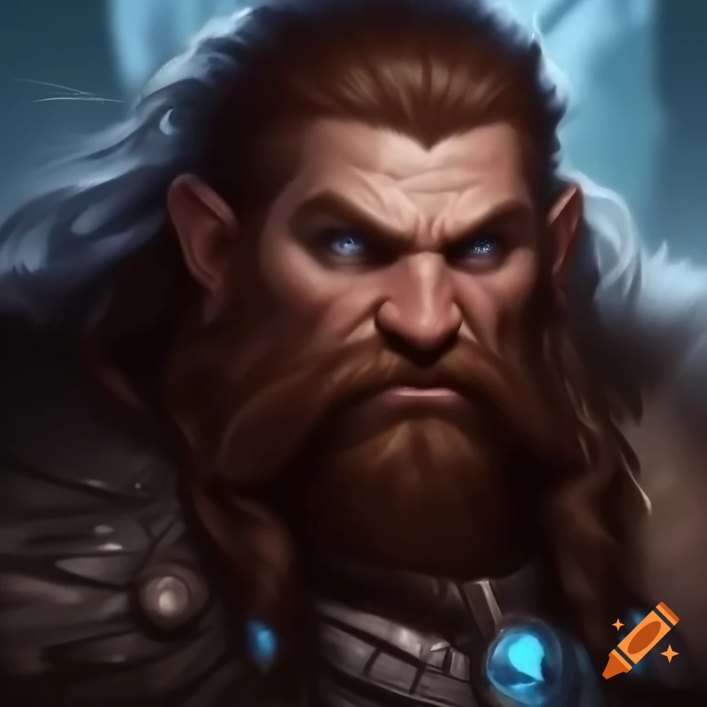Fantasy barbarian character with brown hair, beard, and crystal blue ...