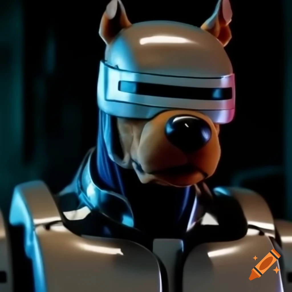 Scooby doo character reimagined as a robocop robot dog on Craiyon