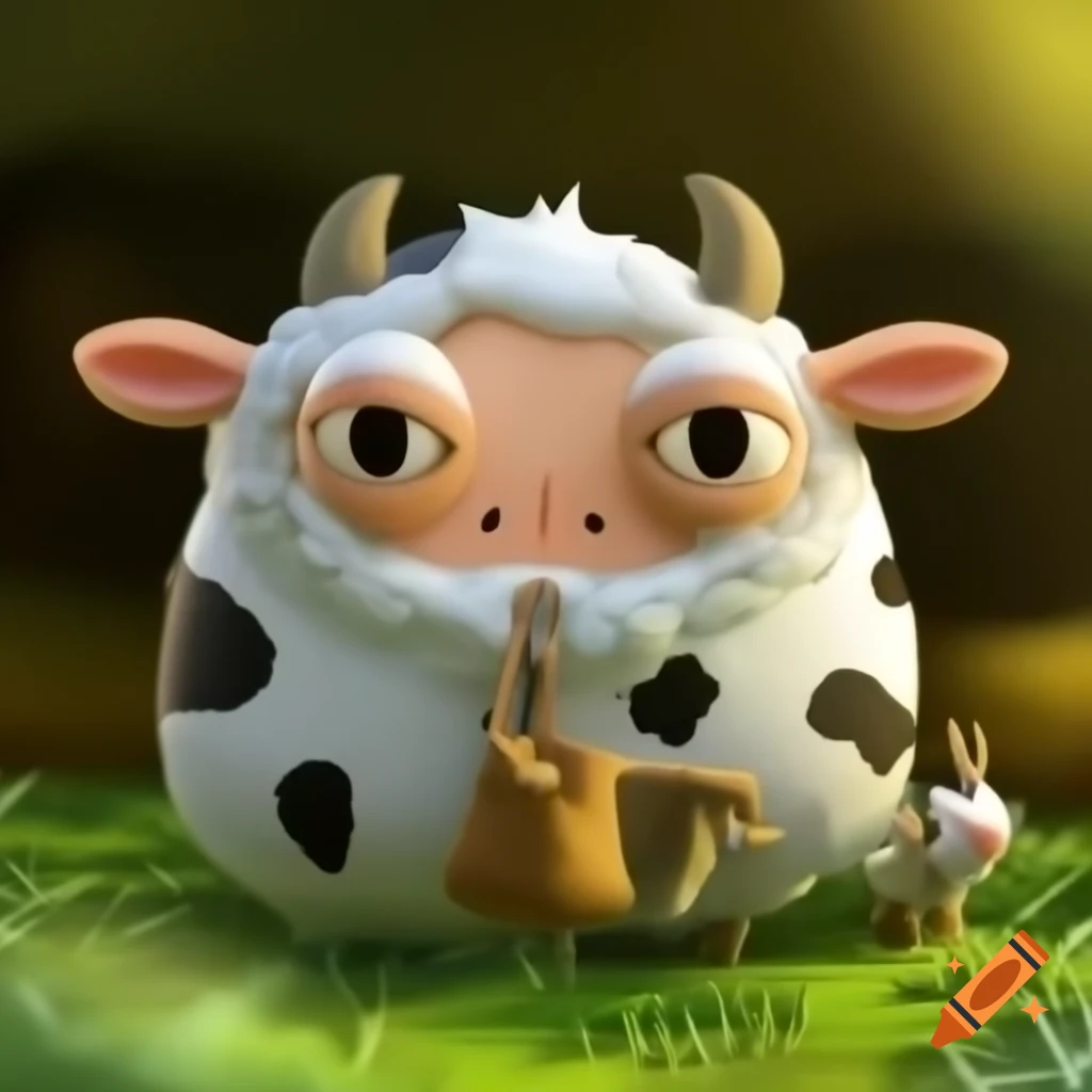 Whimsical creature featuring goat-like eyes and cow-like body, charming ...