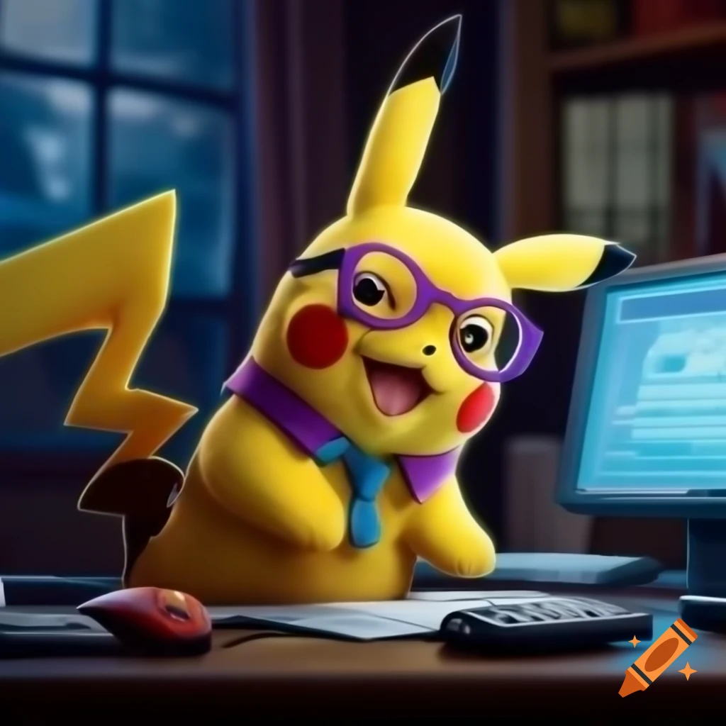 Pikachu in a suit and glasses working at a computer in a law firm ...