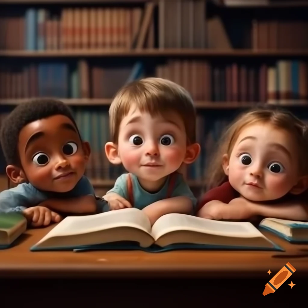 Three children with startled expressions looking into a book in a ...