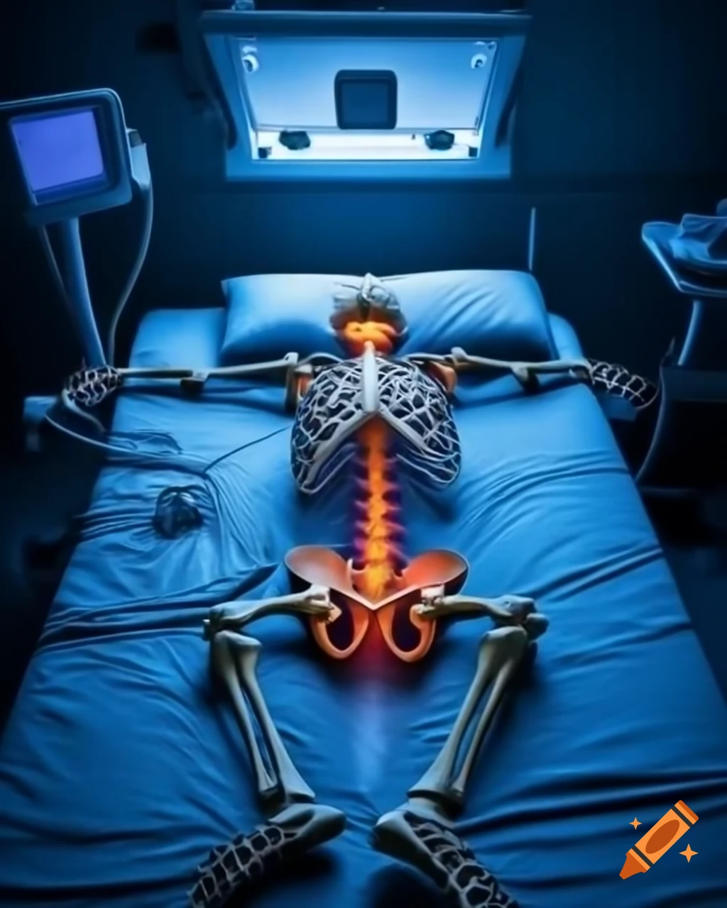 Human skeleton on medical bed undergoing laser therapy for herniated ...