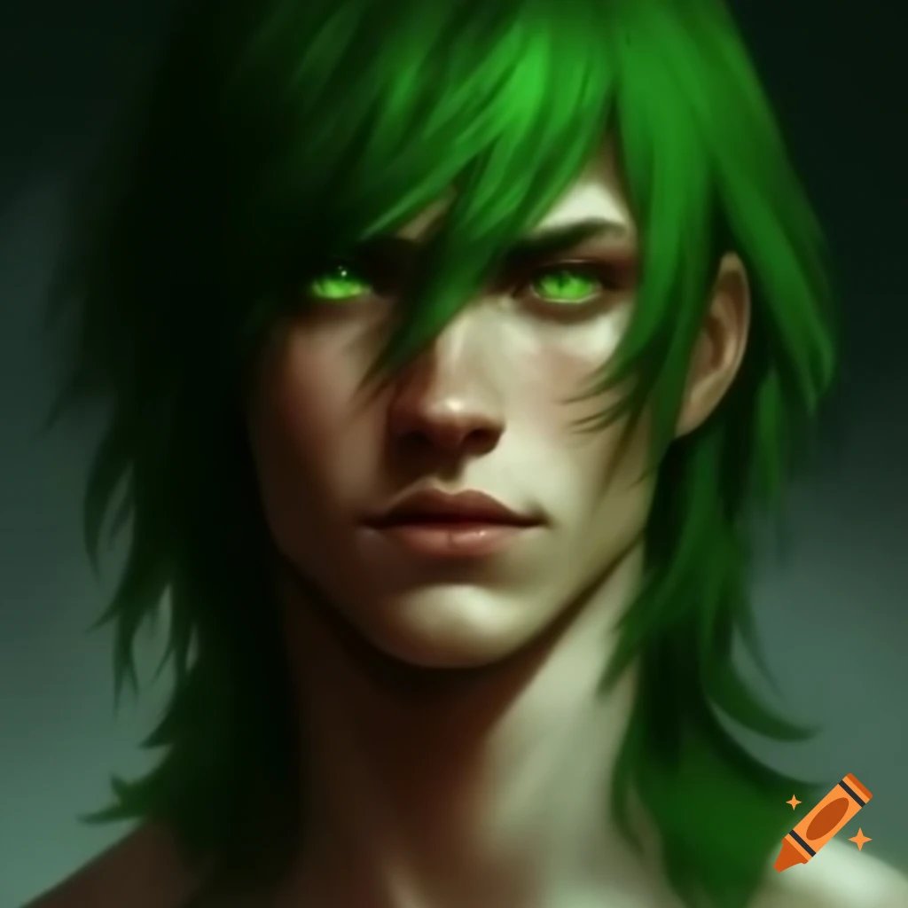 Realistic portrait of a slender young man with vibrant long green hair ...