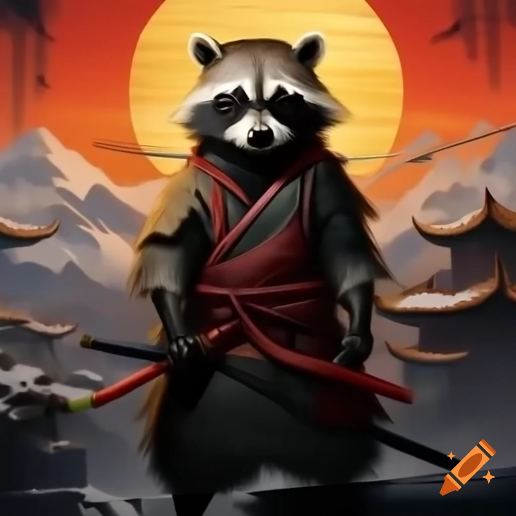 Ninja raccoon with katana atop Chinese monastery at sunset with snow ...
