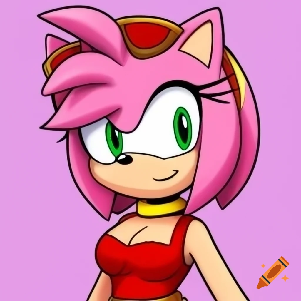 Amy Rose in red attire with dog collar and feather headband, looking ...